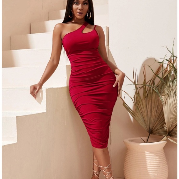 Rouge! | Dresses | Red Sexy Ruched Bodycon Dress Cut Out One Shoulder ...